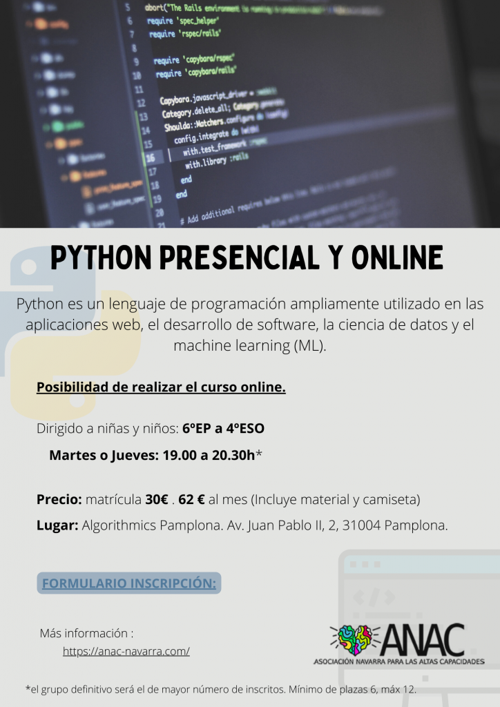 Programación Python Presencial y Online - Asociación Navarra para las Altas Capacidades
